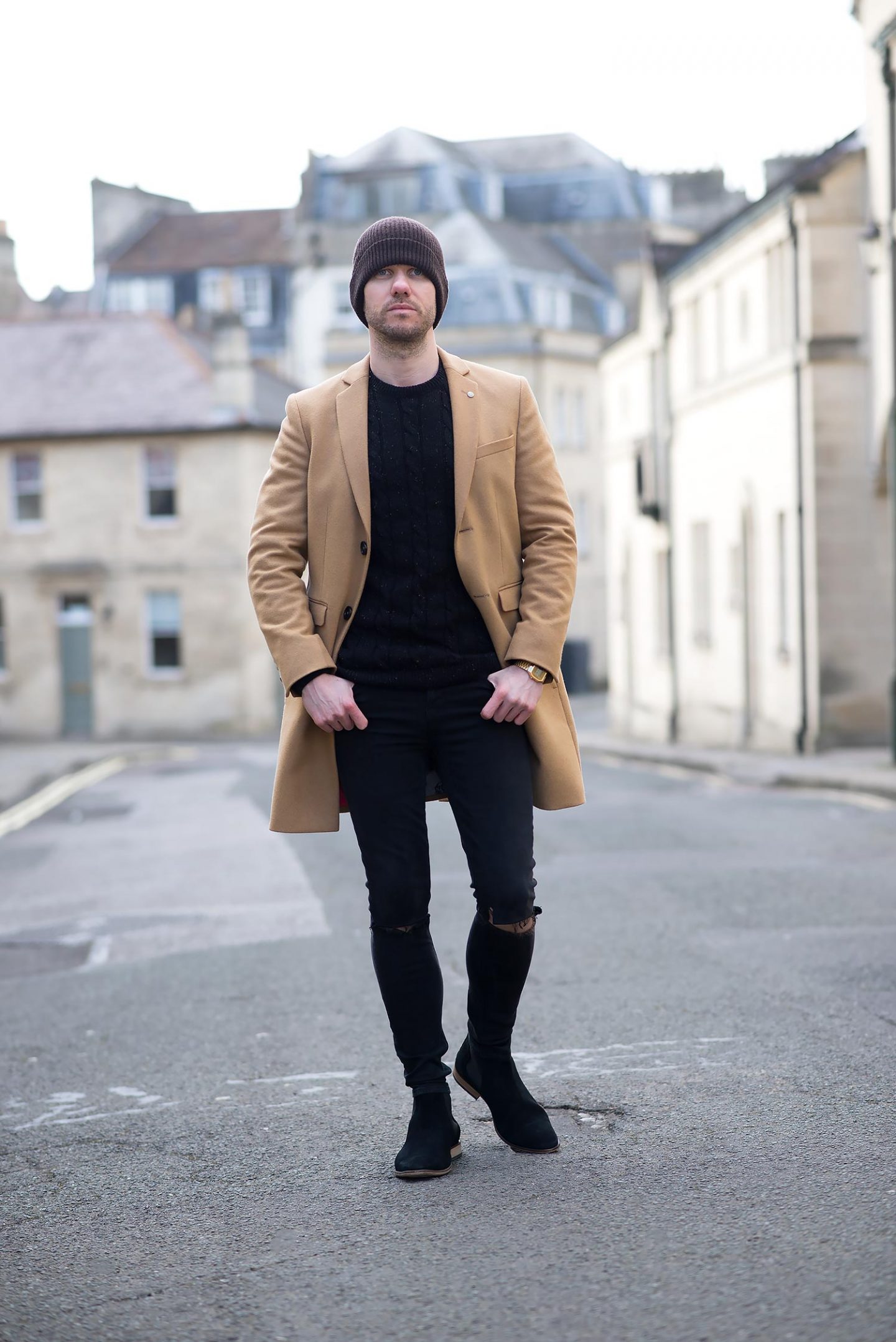 Noose & Monkey Camel Overcoat And Black Ripped Skinny Jeans Outfit ...
